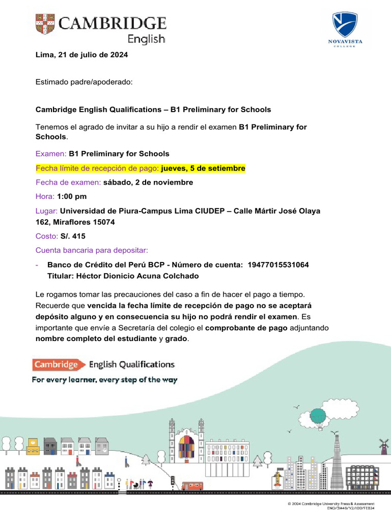 e) B1 Preliminary for Schools Exam Invitation | PDF