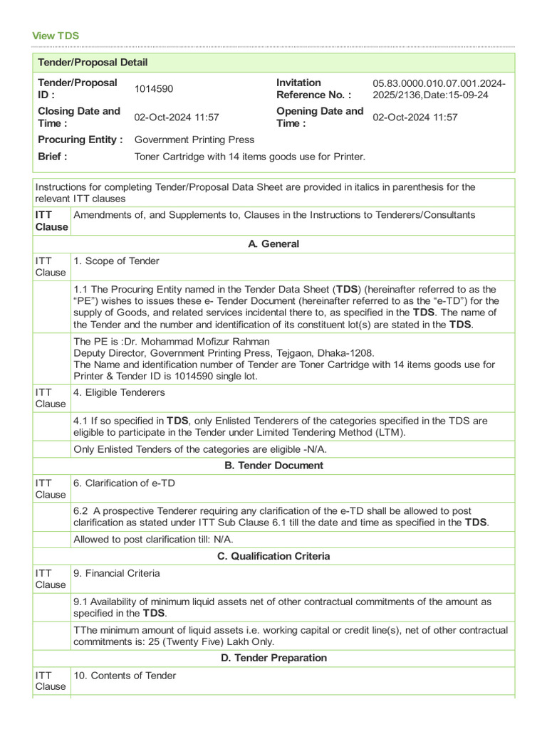 section2_Tender Data Sheet (TDS) | PDF