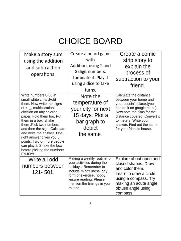 CHOICE BOARD-Holiday Work | PDF