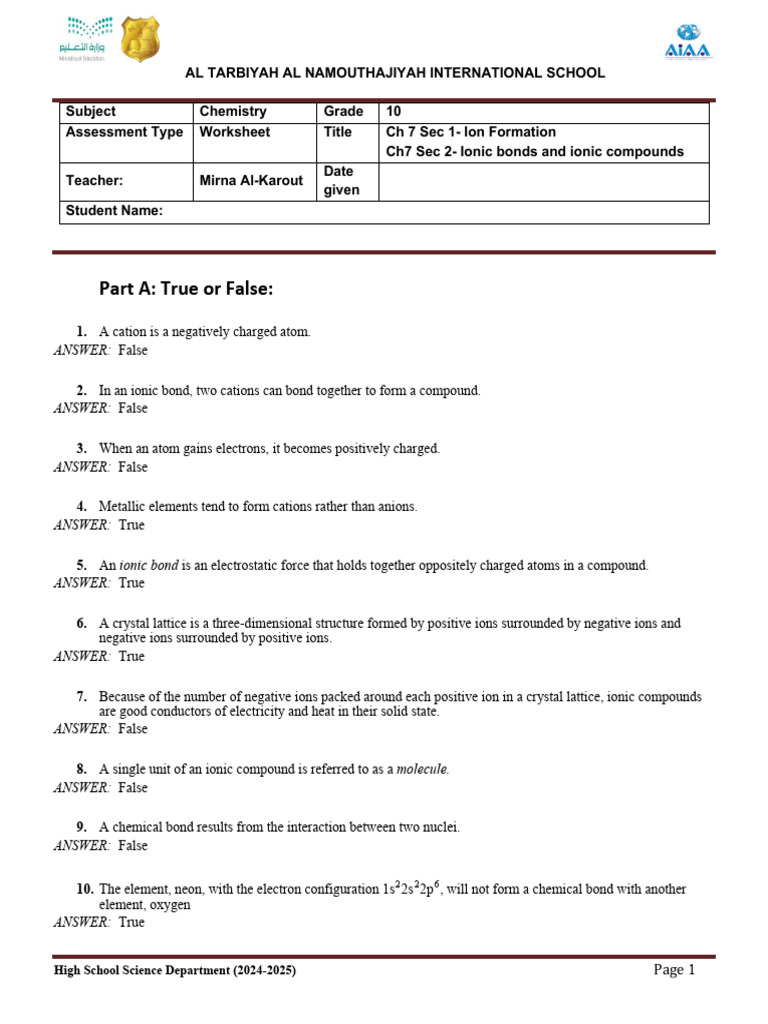 Chapter 7 - Section 1 and 2 Worksheet AK | PDF