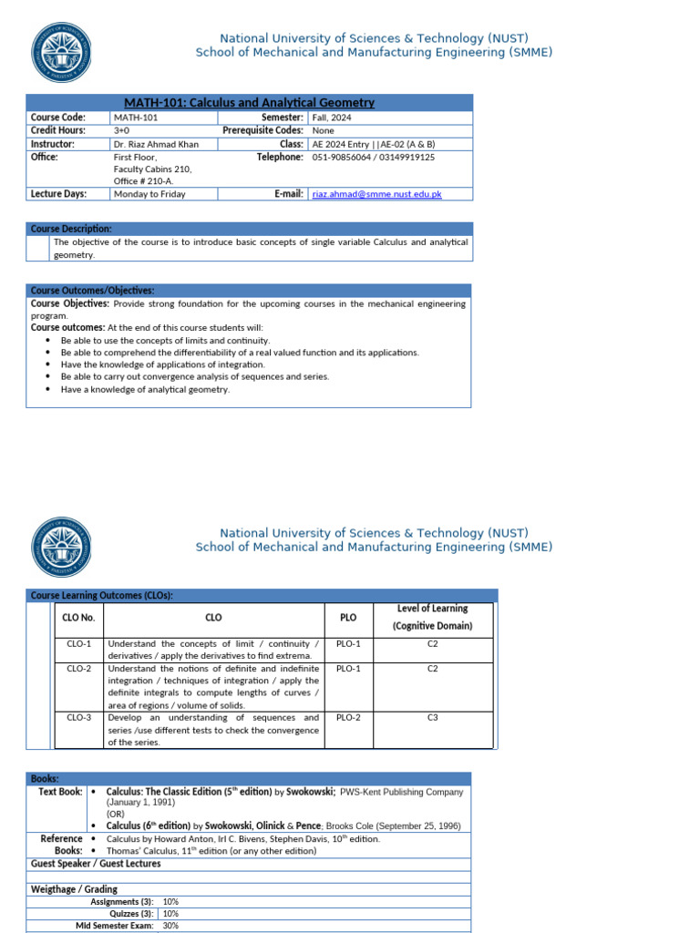 Course Outline and Teaching Plan-MATH-101 Calculus and Analytical ...