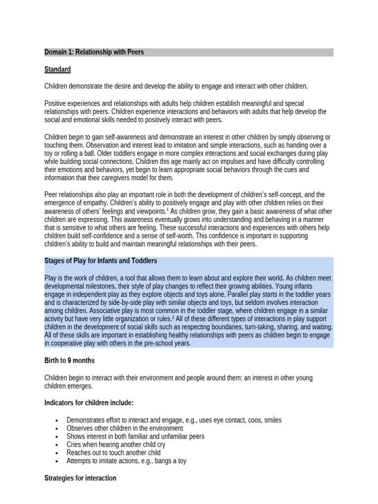 Developmental Domain 1: Relationship With Peers | PDF