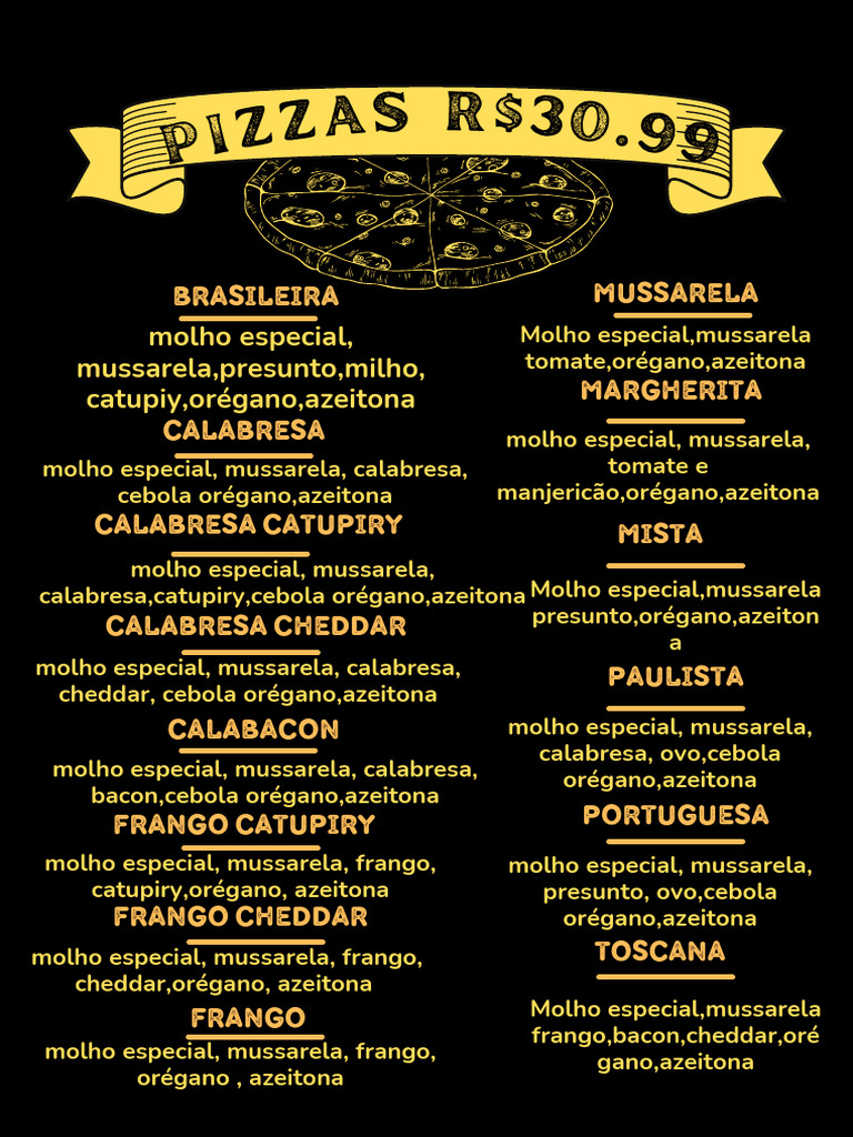Cardápio Pizzaria - Pizza, Entradas e Bebidas PDF | PDF
