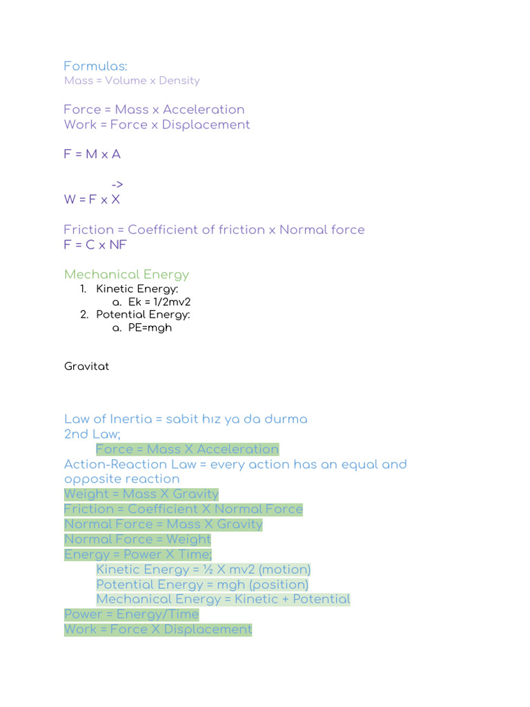 10th Grade Physics Formulas | PDF