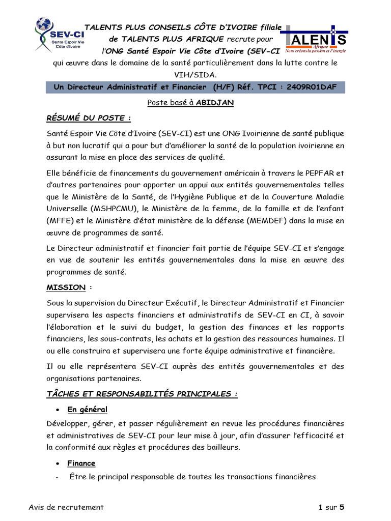 Avis de Recrutement Détaillé DAF - SEV-CI Sept. 24 | PDF