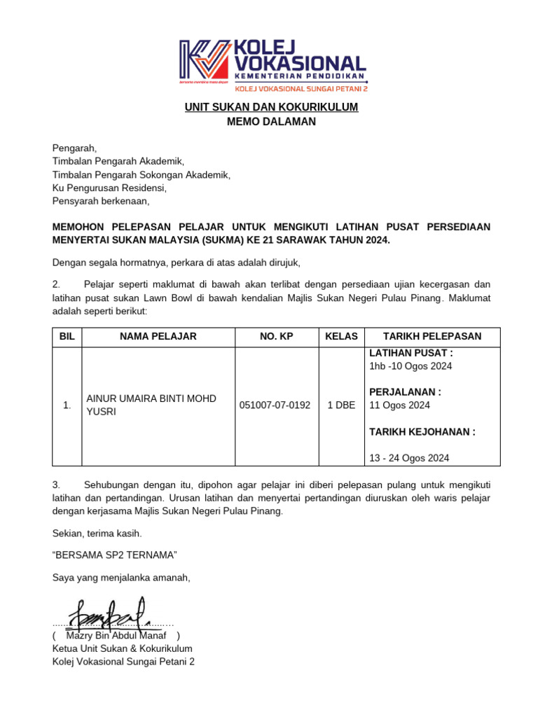 PELEPASAN AINUR SUKMA LAWN BOWL Latest - MEMO DALAMAN 2 | PDF