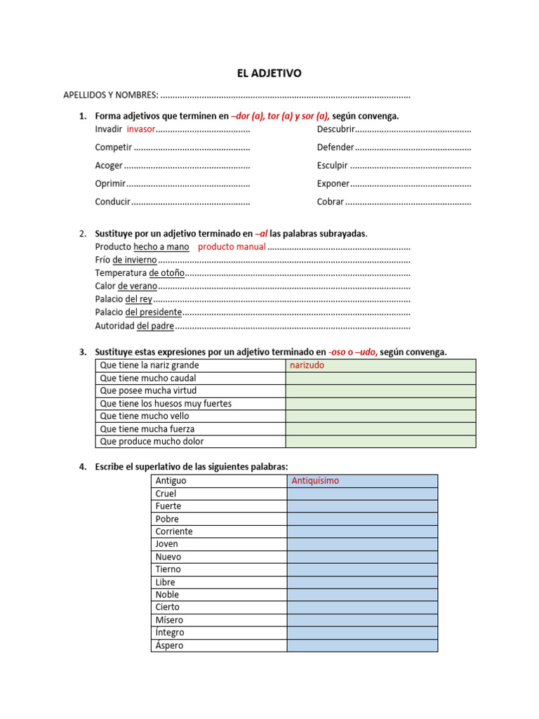 El Adjetivo Práctica | PDF