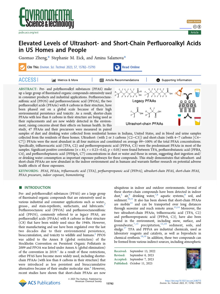 Elevated Levels of Ultrashort and Short Chain Perfluoroalkyl Acids in ...