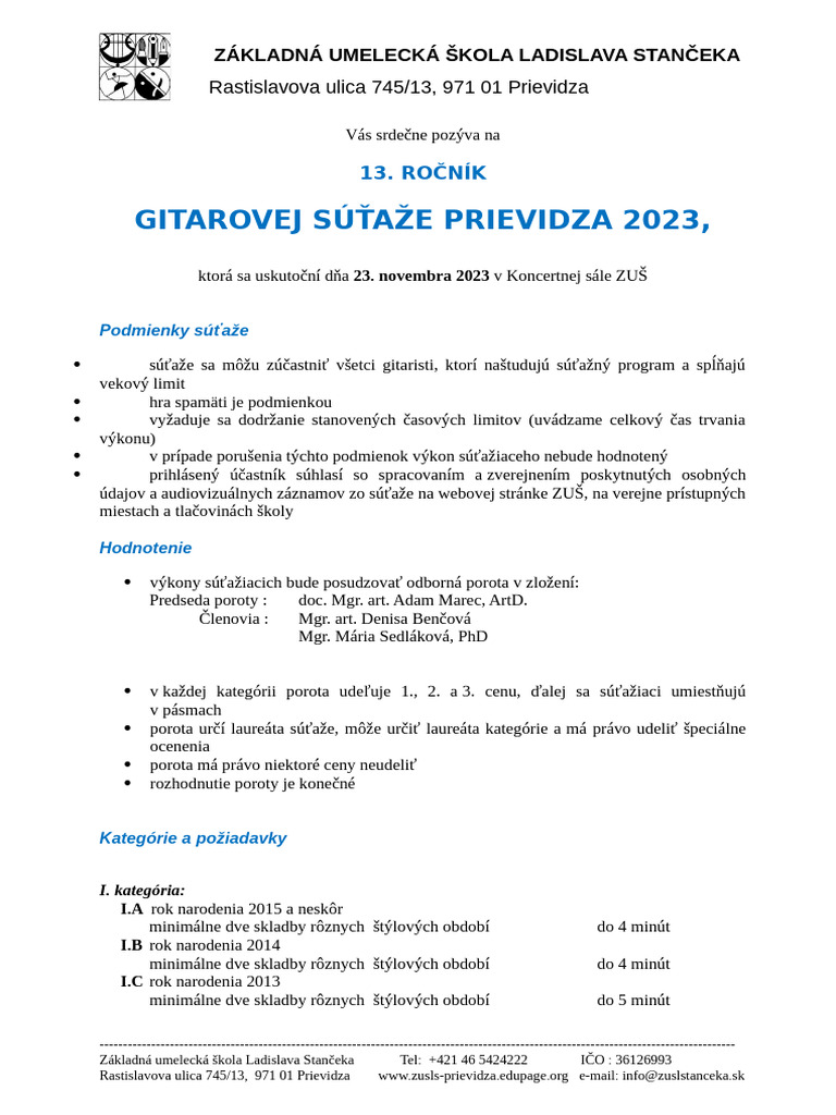 Propozicie Gitarova Sutaz Prievidza 2023 | PDF
