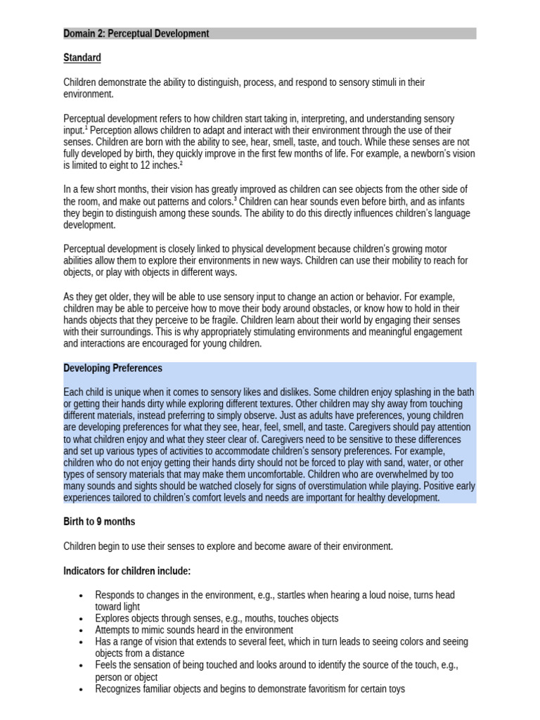 Developmental Domain 2: Perceptual Development | PDF