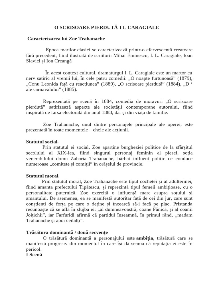 Caracterizarea Lui Zoe Trahanache | PDF