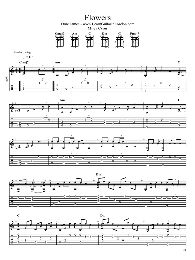Flowers Fingerstyle Guitar TAB Miley Cyrus Drue James | PDF