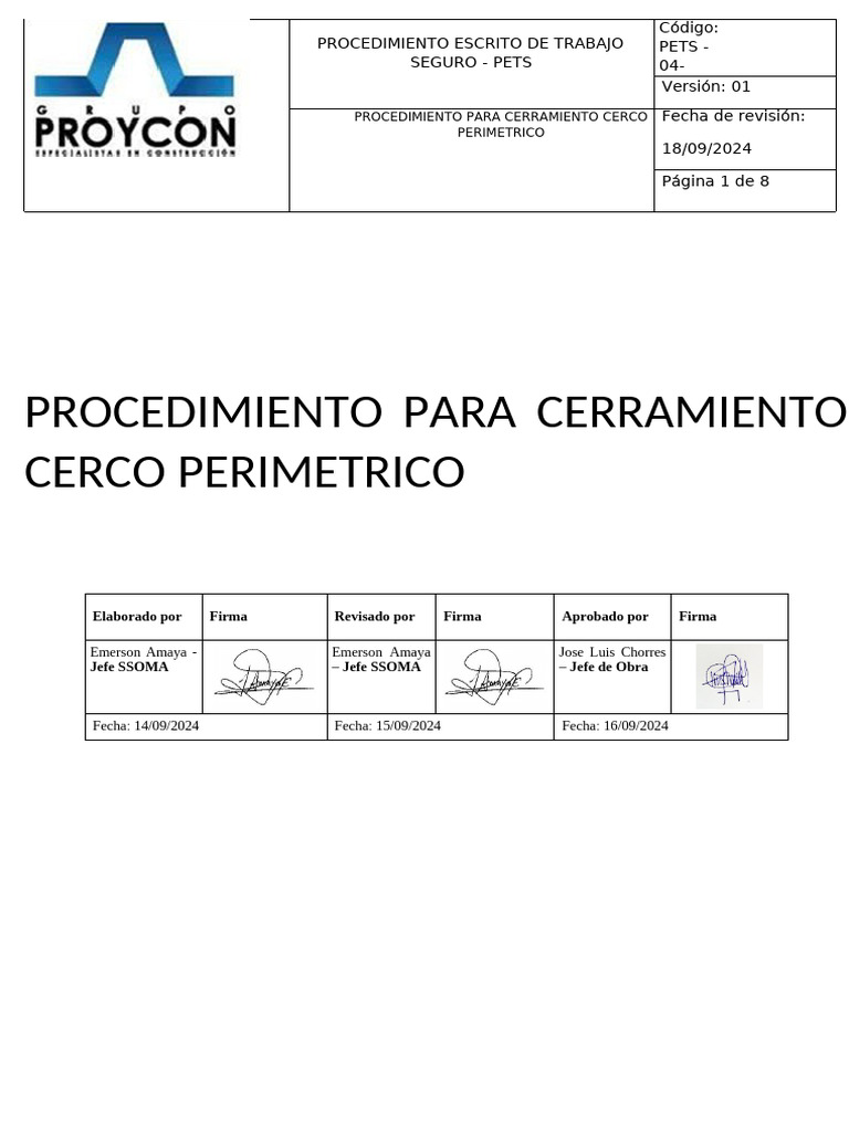 PROCEDIMIENTO PARA CERRAMIENTO CERCO PERIMETRICO 1 | PDF