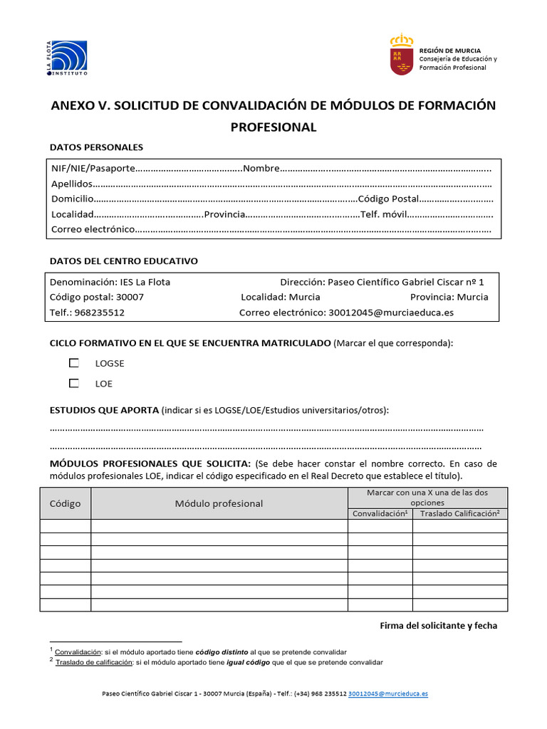 Anexo V Solicitud de Convalidación de Módulos de Formación Profesional | PDF