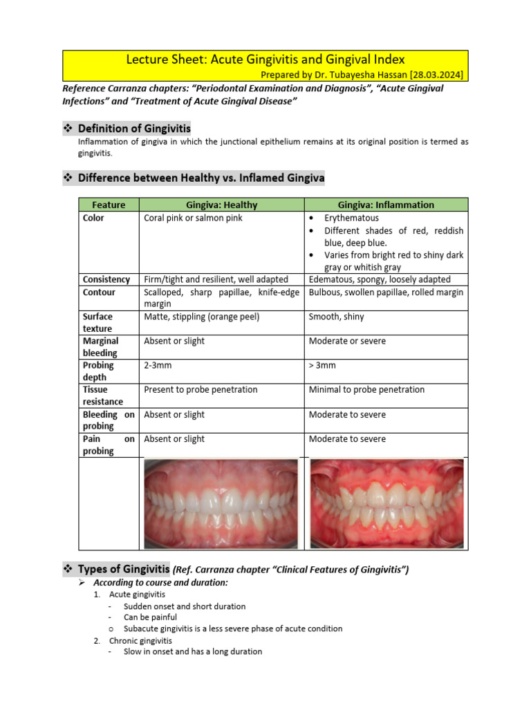 Tology Lecture Sheet ACUTE GINGIVITIS and GINGIVAL INDEX | PDF