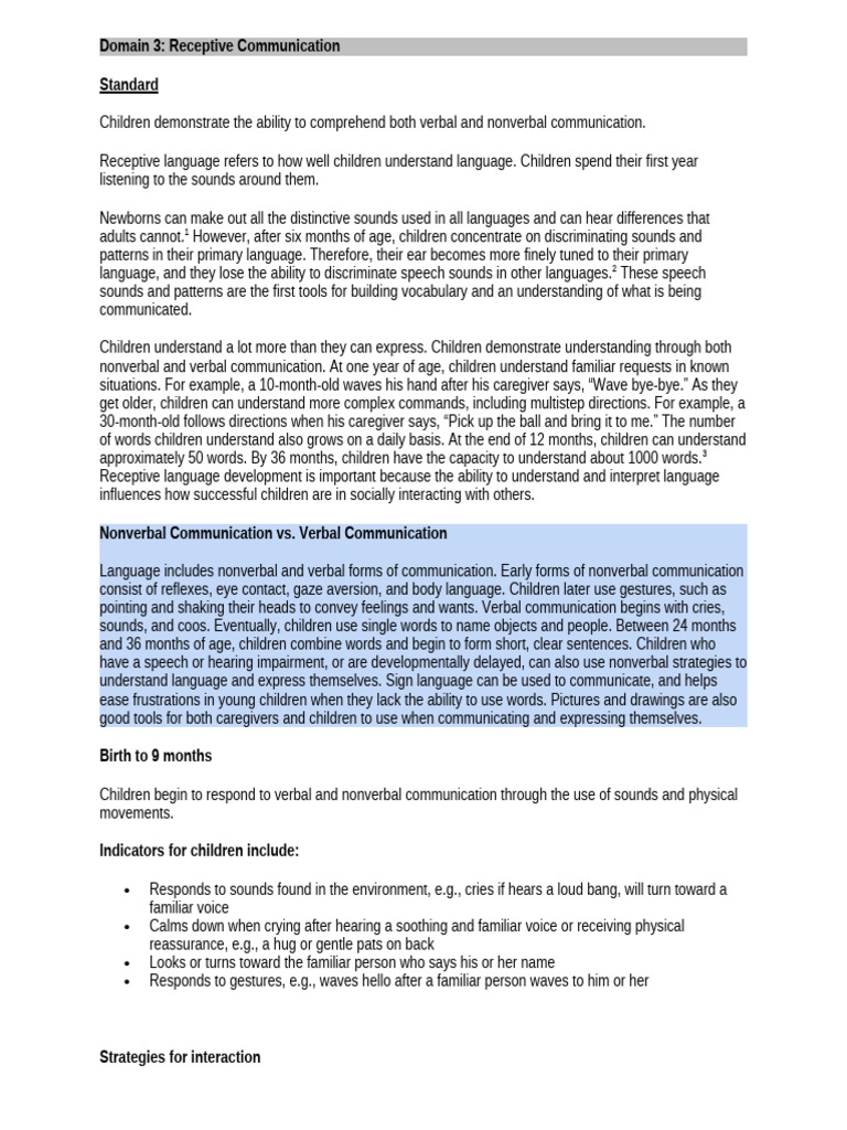 Developmental Domain 3: Receptive Language | PDF