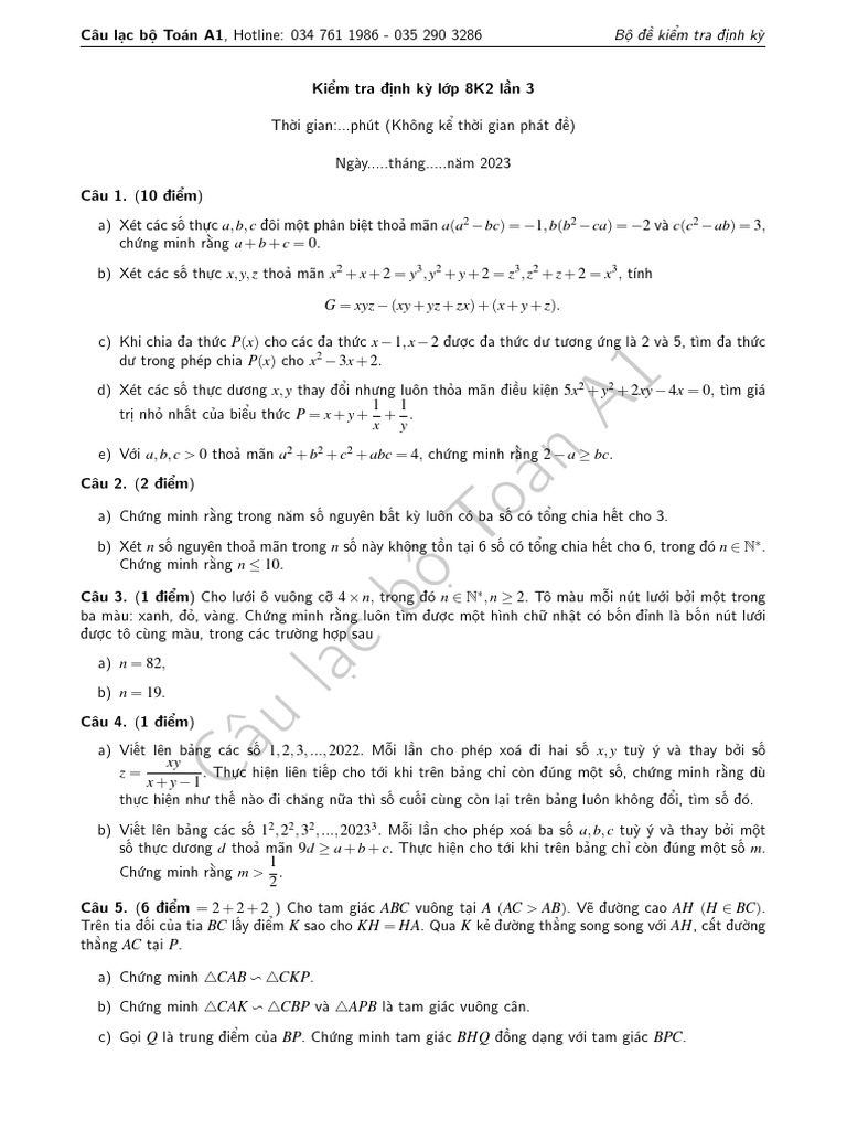 Đề KTCL lần 3 - Lớp 8K2 | PDF