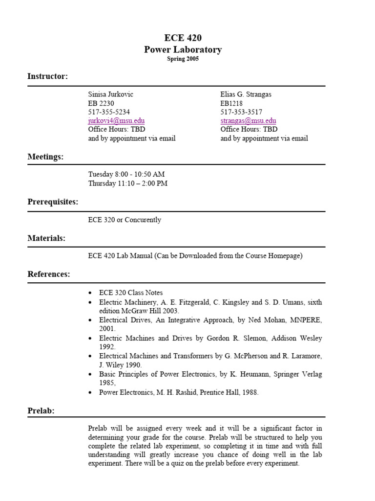 ECE 420 Power Laboratory Spring 2005 Ins | PDF