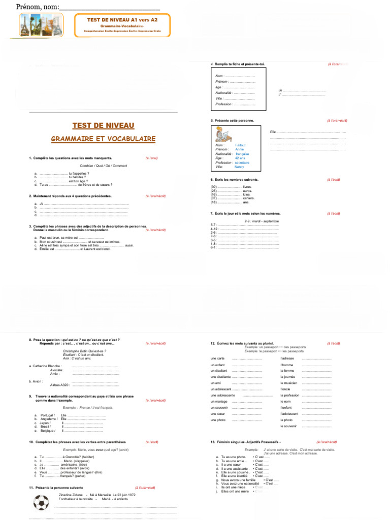 Test de nivel A1 a A2 en francés | PDF