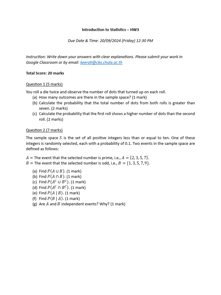 Due Date & Time: 20/09/2024 (Friday) 12:30 PM: Introduc) On To Sta) S) Cs - HW3 | PDF