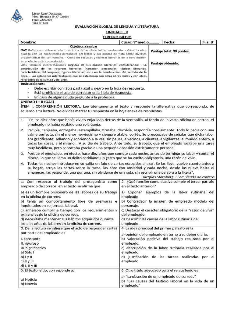 Lenguaje EVALUACIÓN GLOBAL I - II FILA B | PDF