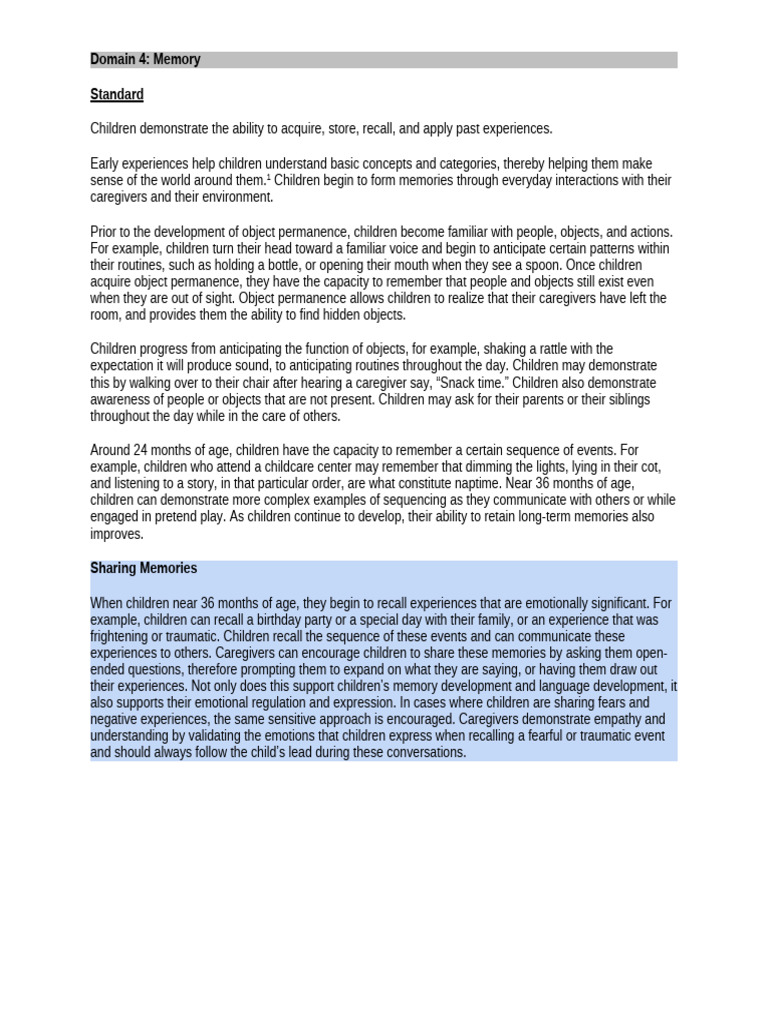 Developmental Domain 4: Memory | PDF