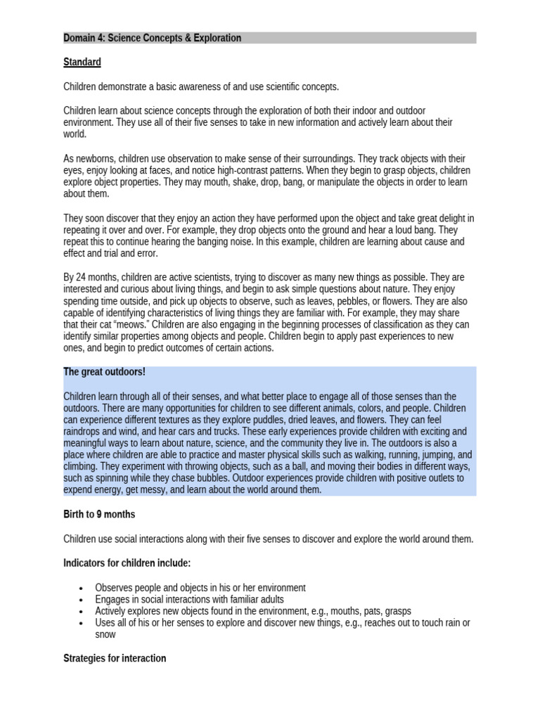 Developmental Domain 4: Science Concepts and Exploration | PDF