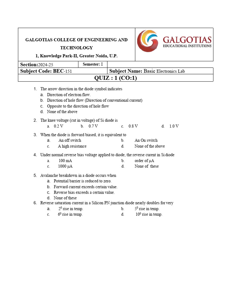 COs-wise Quiz BEC151 | PDF