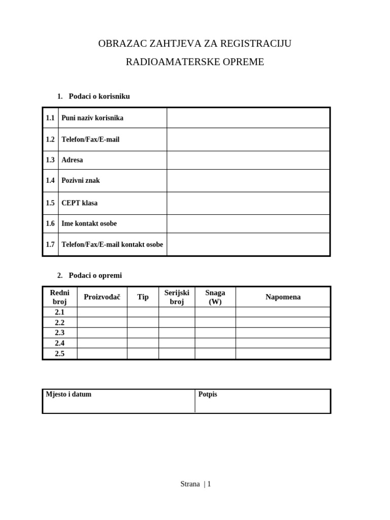 Obrazac Zahtjeva Za Registraciju Radioamaterske Opreme Bos | PDF