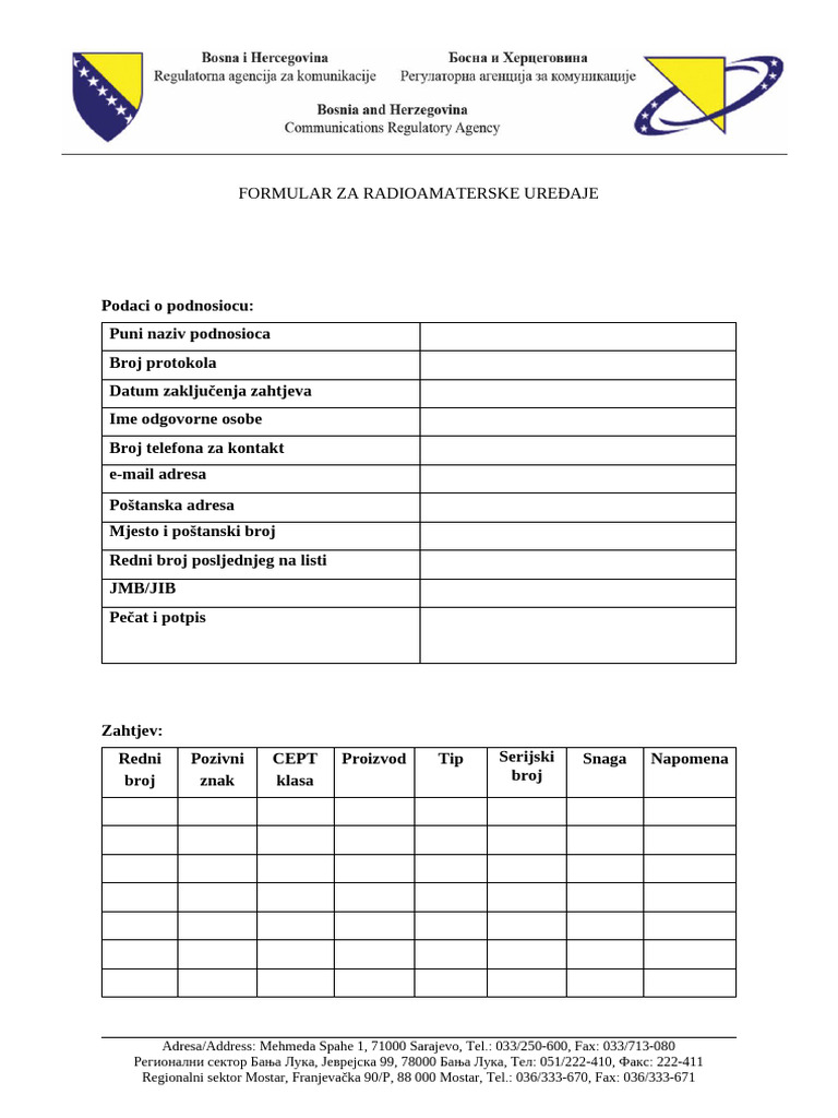 Formular Za Radioamaterske Uređaje E7 - Bosna I Hercegovina | PDF