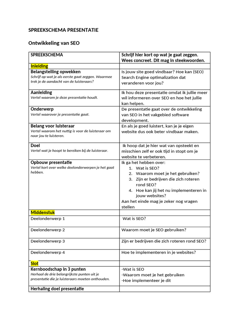 Spreekschema Presentatie Tomas | PDF