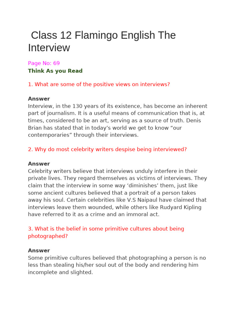 Class 12 Flamingo English The Interview | PDF