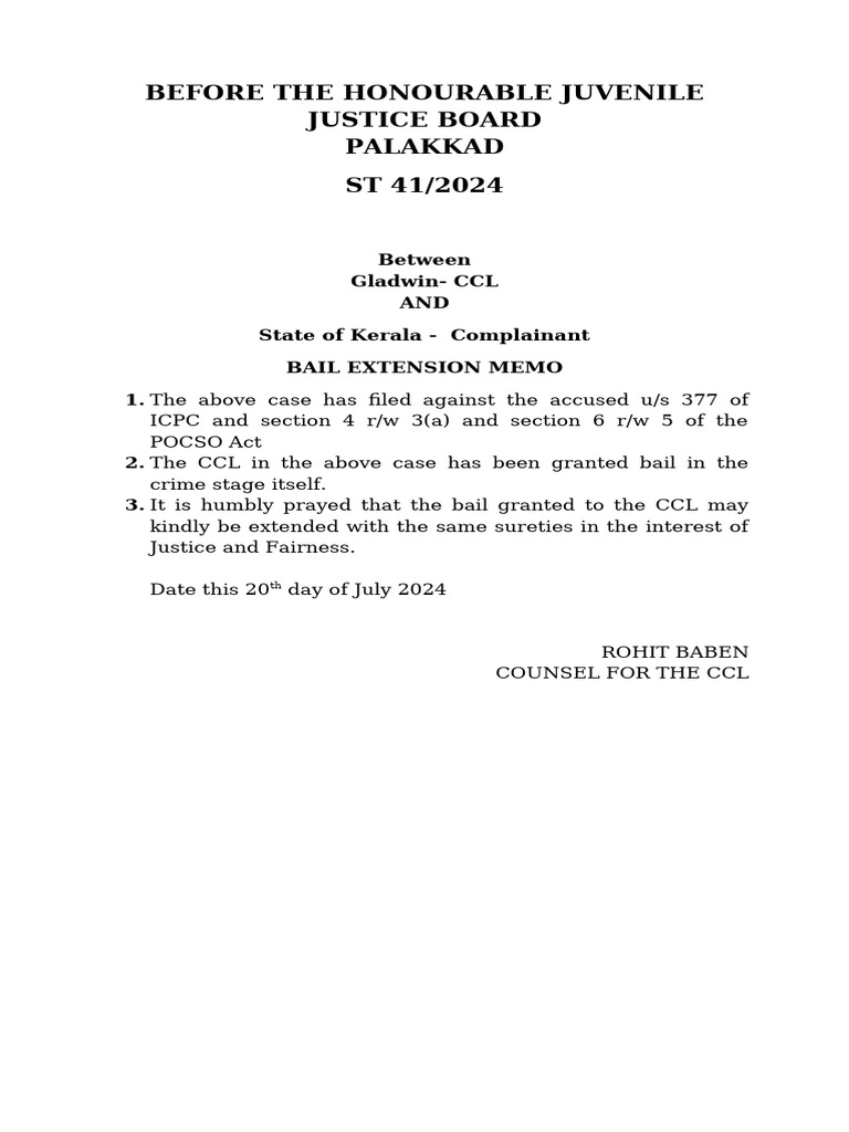 Bail Extension Memo JJB | PDF | Law
