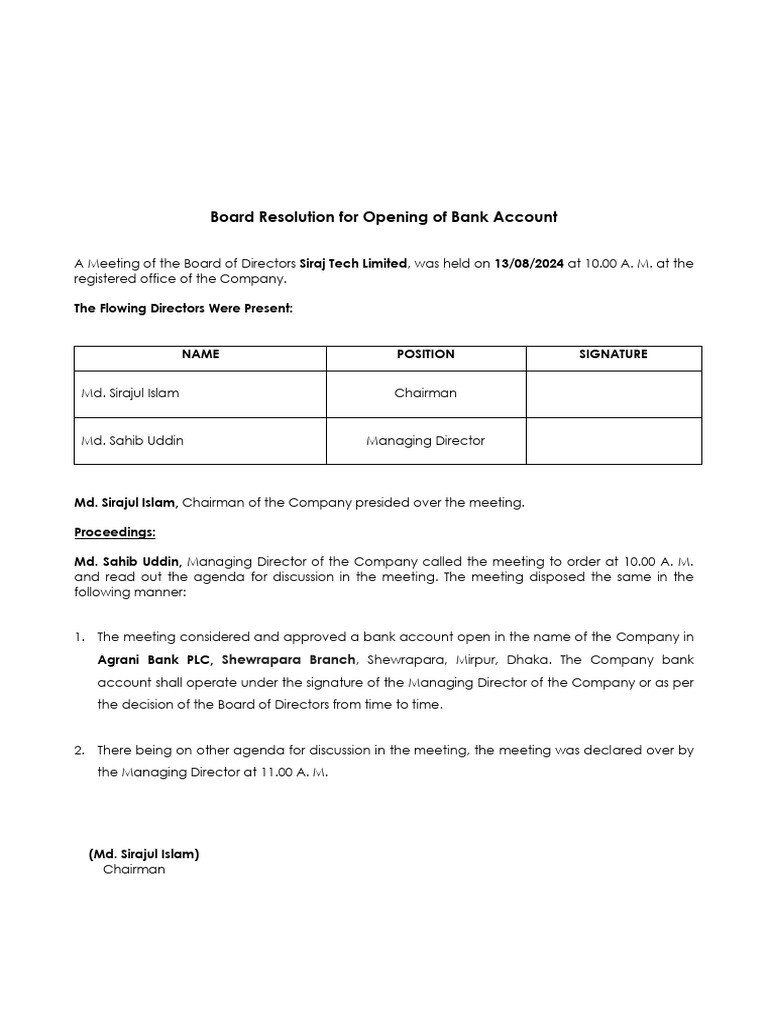 Board Resolution For Opening of Bank Account | PDF