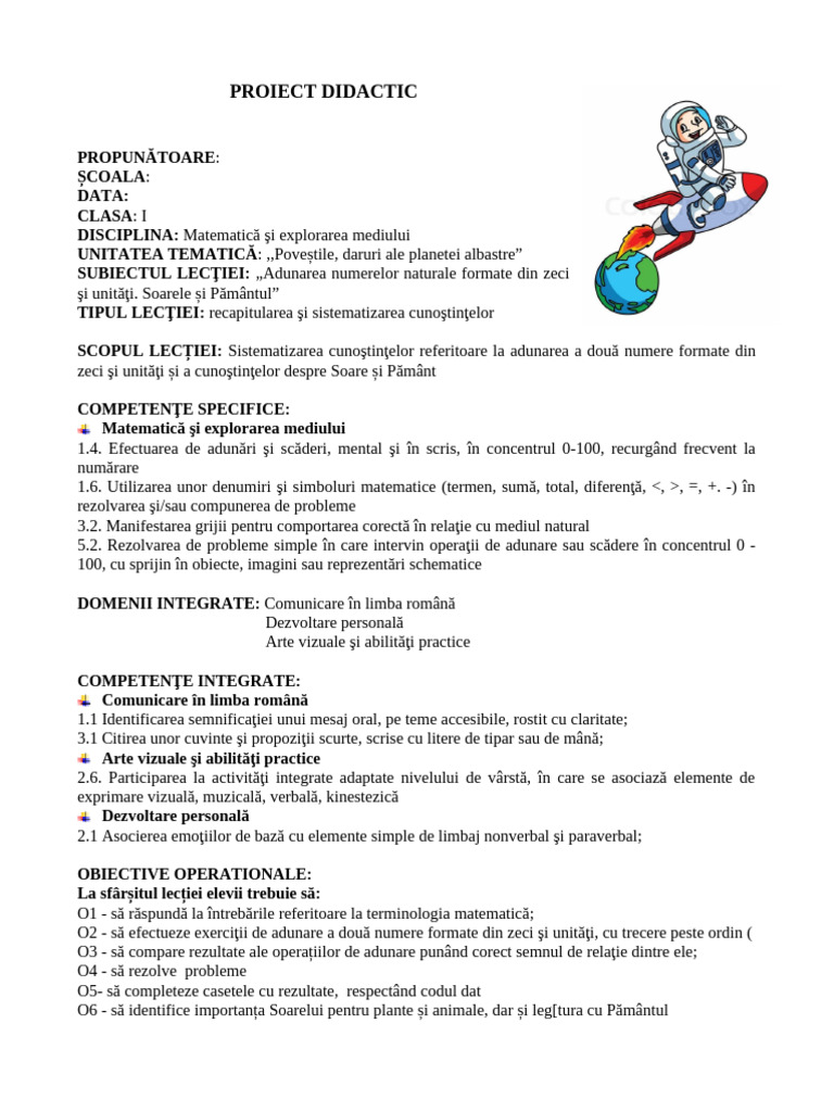 Pentru Didactic Proiect Didactic Mem Badea Cristina Soarele | PDF