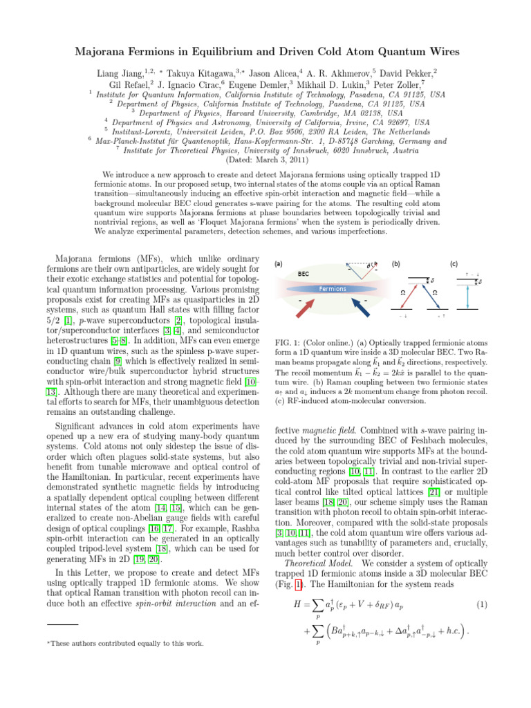 Majorana Fermions in Equilibrium and Driven Cold Atom Quantum Wires 2011 | PDF