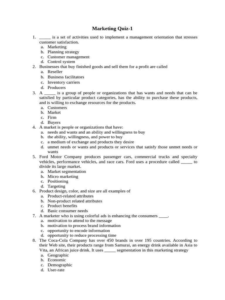 Marketing Quiz | PDF | Marketing | Business