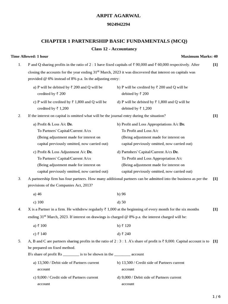 Chapter 1 Partnership Basic Fundamentals MCQ | PDF