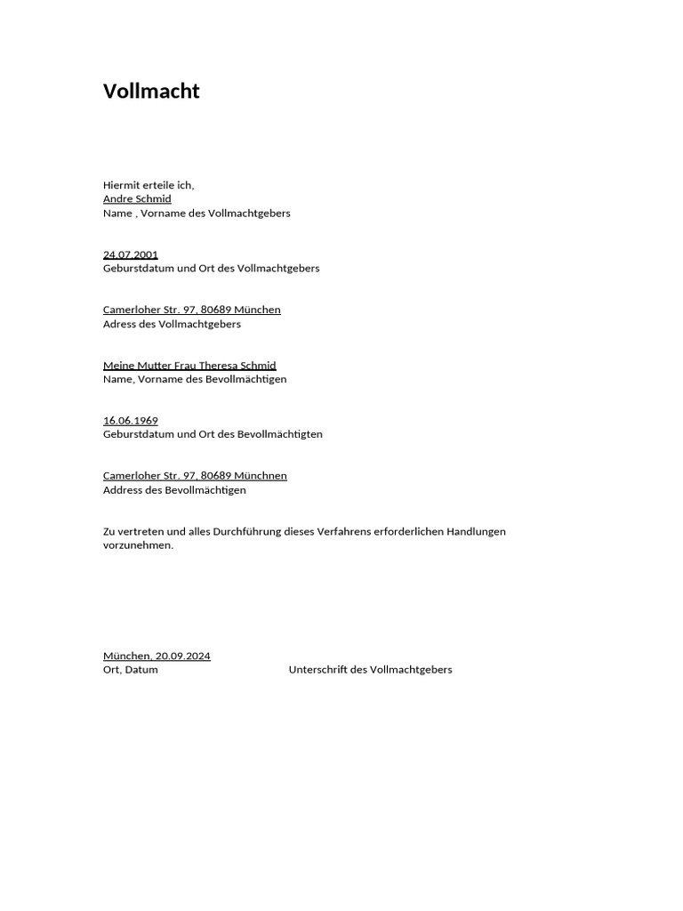 Vollmacht Example | PDF