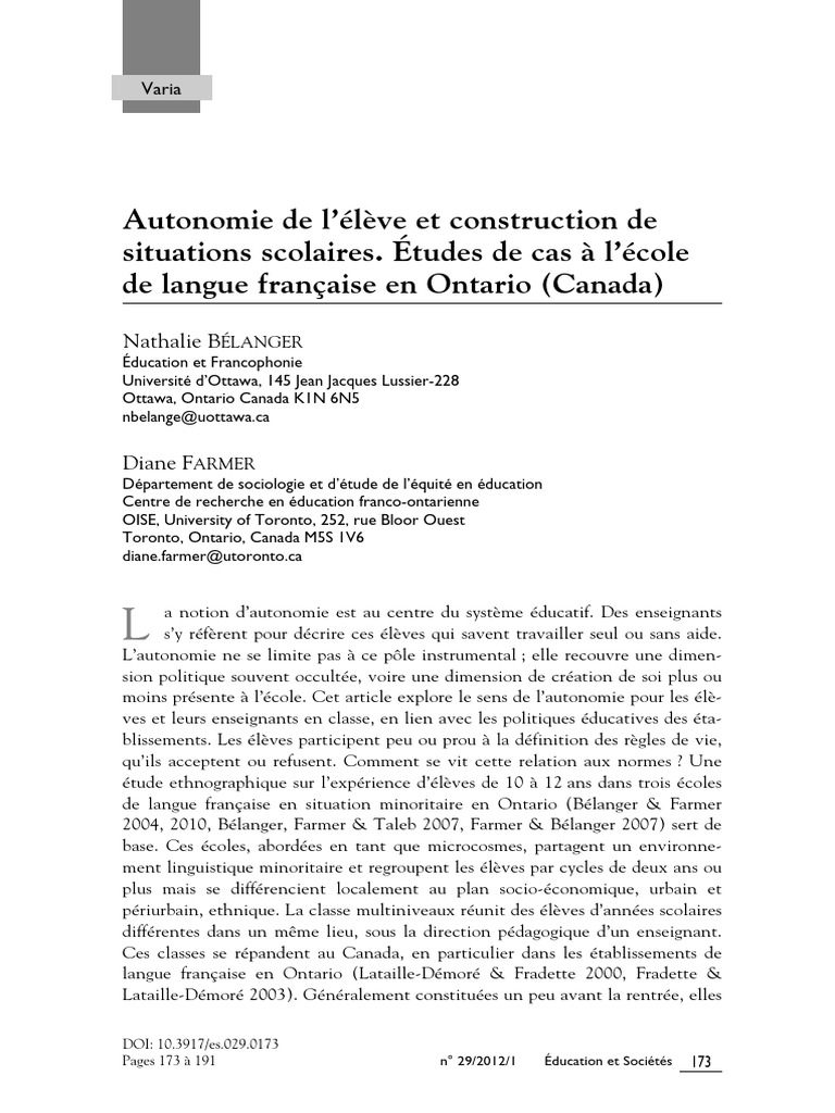 Autonomie de Leleve Et Construction de Situations Scolaires Etudes de ...