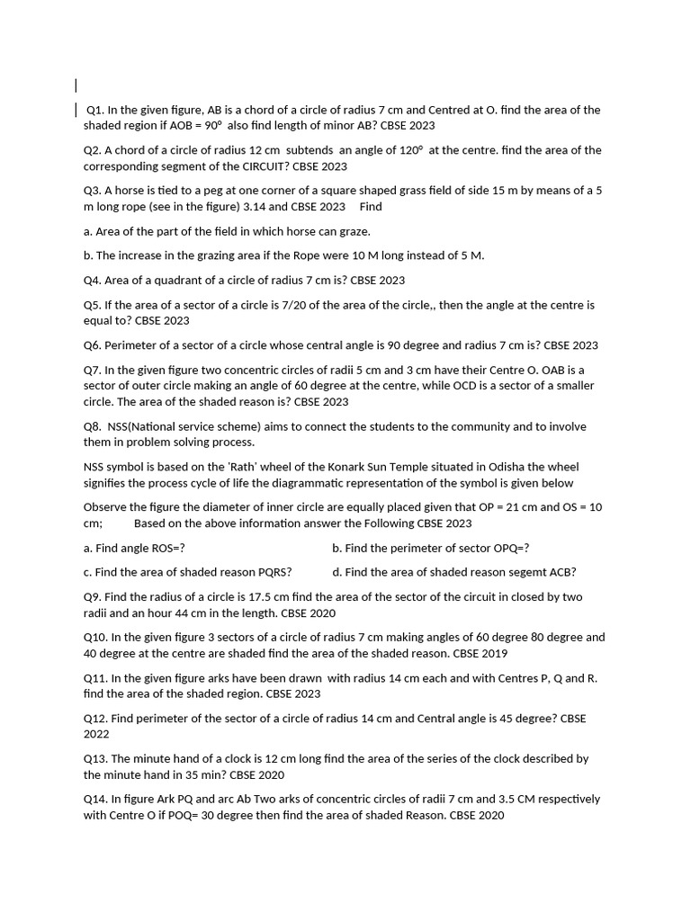 Class 10th Area Related To Circle Pyqs-1 | PDF | Circle | Area