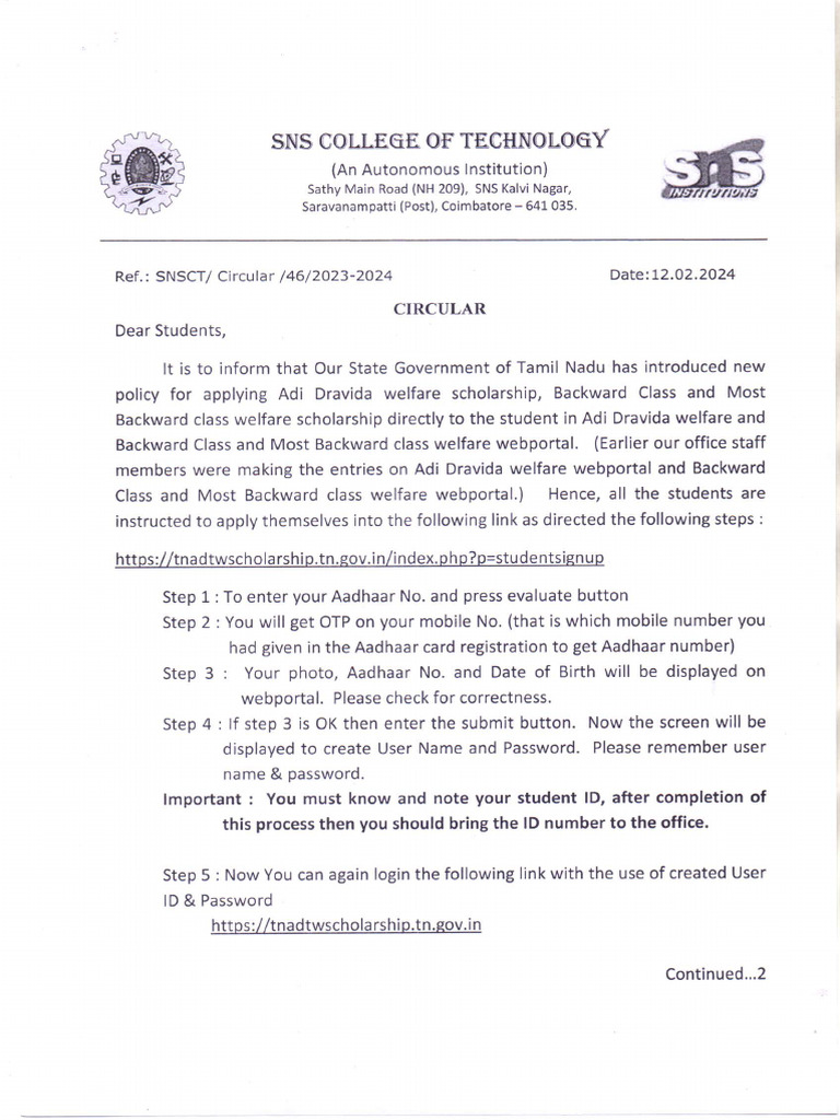 Circular - 46 - SC - BC - MBC Scholarship 23-24 | PDF