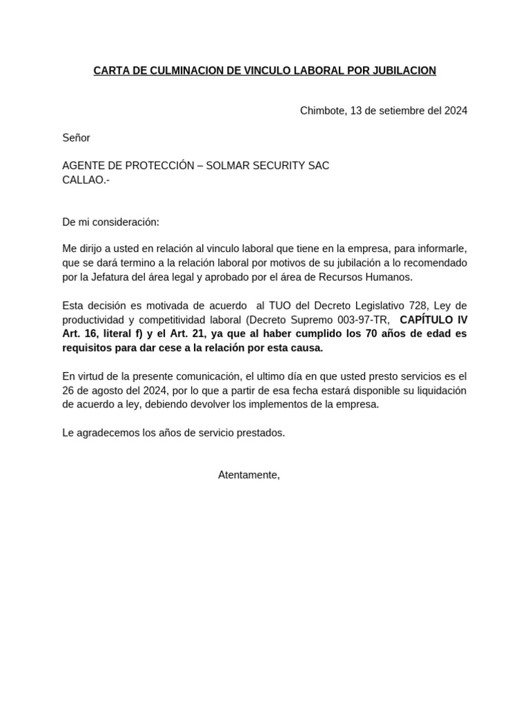 Carta de Culminacion de Vinculo Laboral Por Jubilacion | PDF