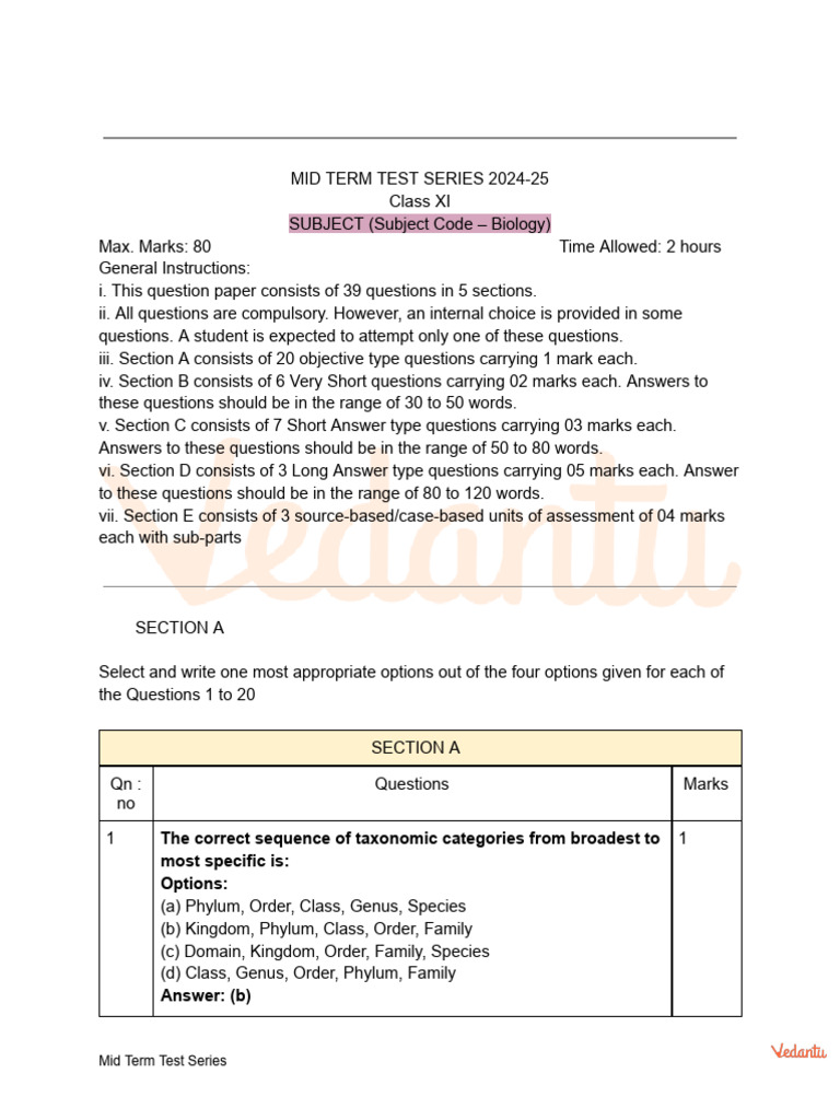 Class 11 Bio Mid Term Sample 3 | PDF
