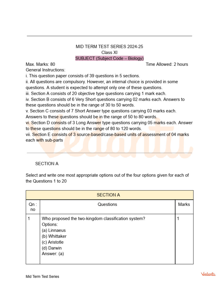 Class 11 Bio Mid Term Sample Paper 2 | PDF