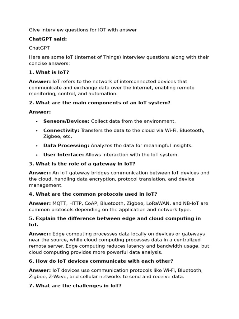 Give Interview Questions for IOT With Answer | PDF