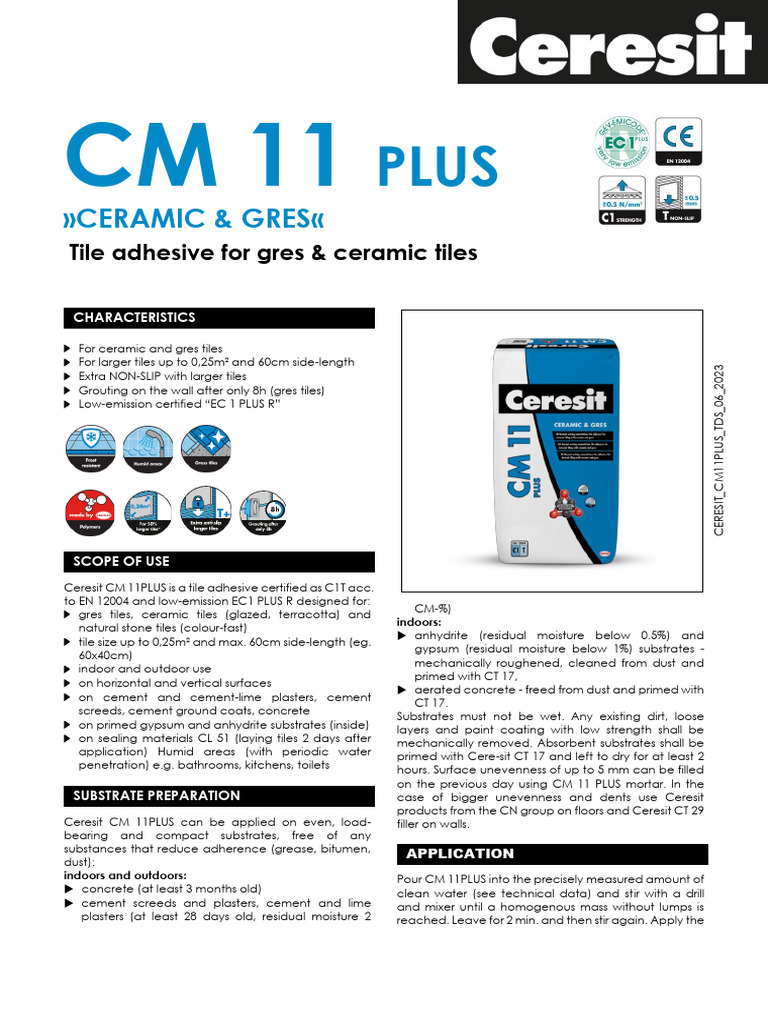 TDS Ceresit CM 11 Plus Global 2023 | PDF | Tile | Mortar (Masonry)