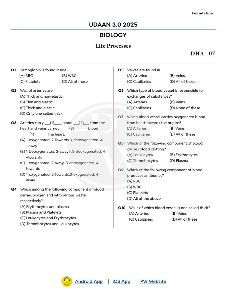 Life Processes - DHA 07 - Udaan 3.0 2025 | PDF