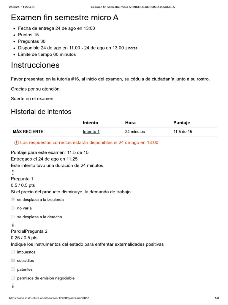 Examen Fin Semestre Micro A - MICROECONOMIA 2-ADME-A | PDF