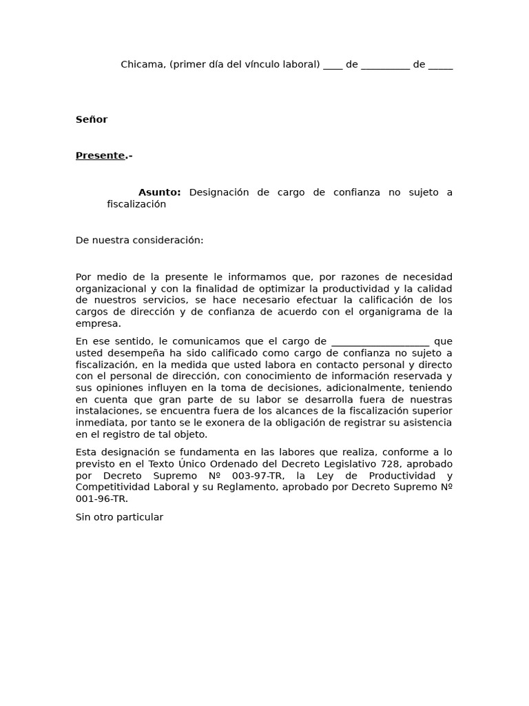 Designacion de Personal de Confianza y No Sujeto A Marcacion | PDF